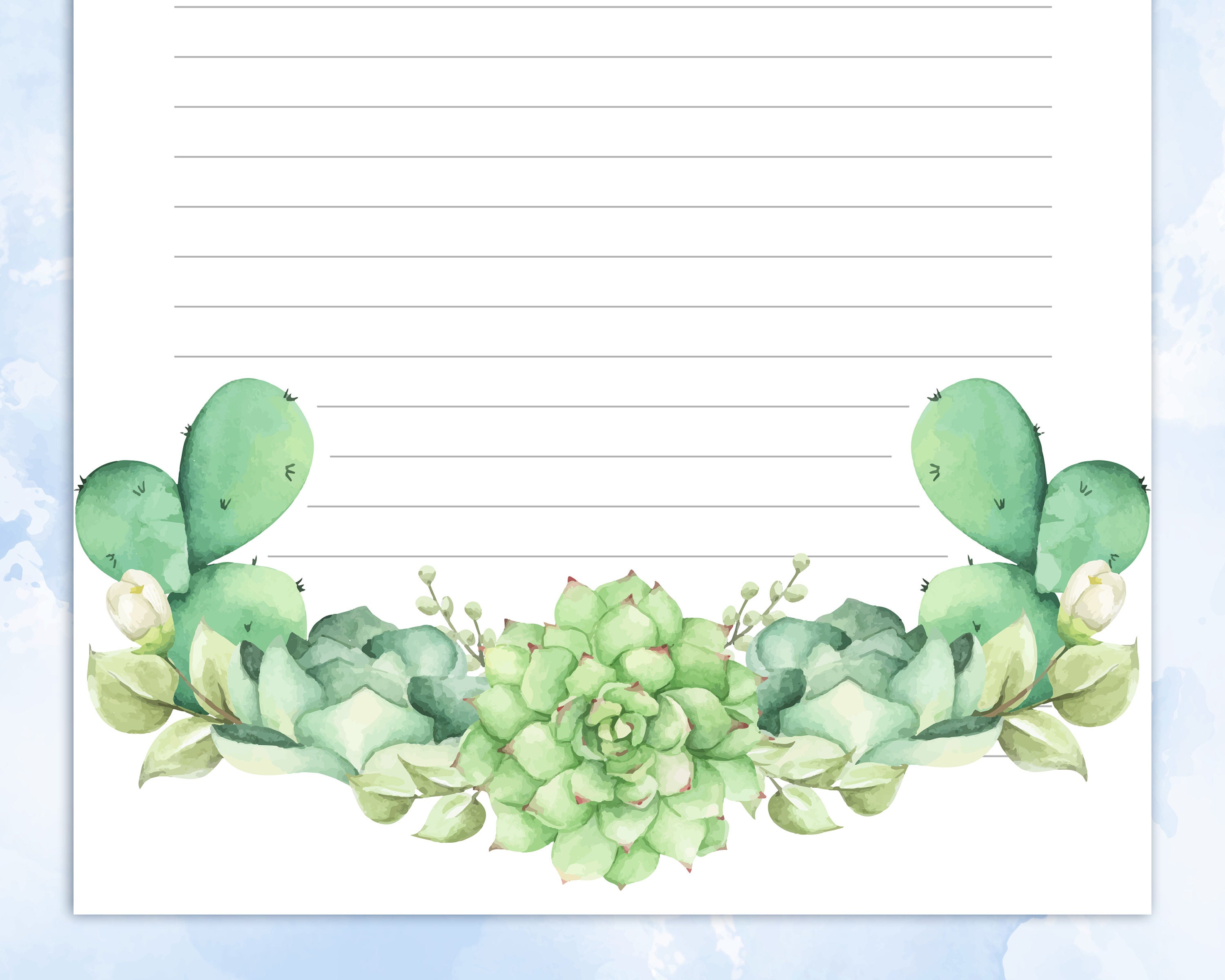Floral Succulent Printable Stationery Lined Paper, Printable Writing ...