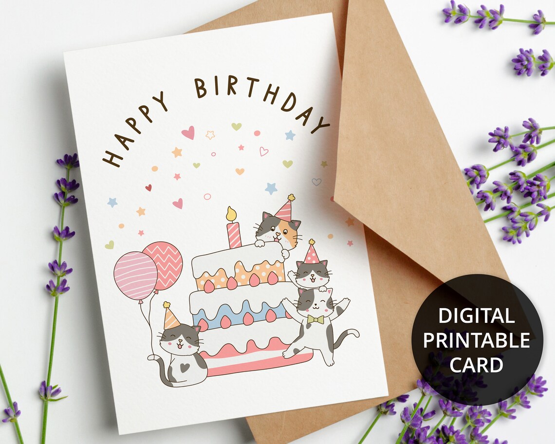 Printable Cat Birthday Card, Printable Birthday Card Funny, Digital ...