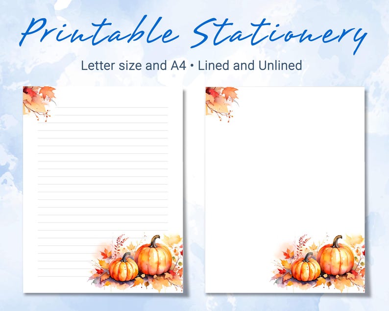 Pumpkin Printable Stationery Lined Paper, Printable Writing Paper With Watercolor Fall Pumpkins ...