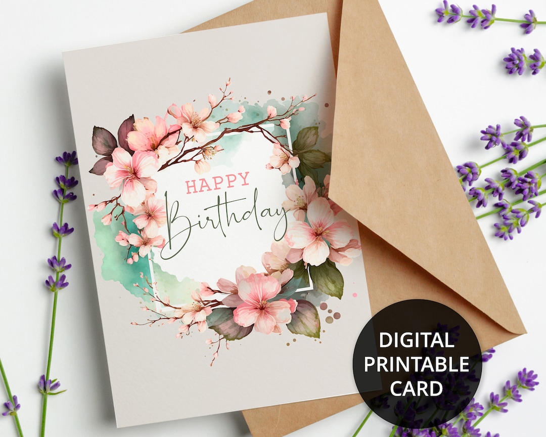 Printable Birthday Card, Digital Floral Birthday Card With Herry ...