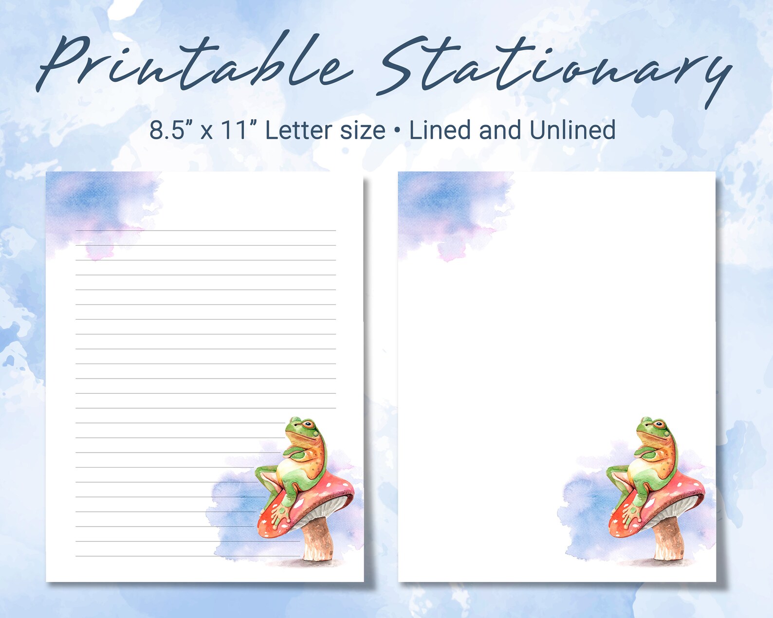 Printable Stationery Lined Paper Watercolor Frog on Mushroom - Etsy