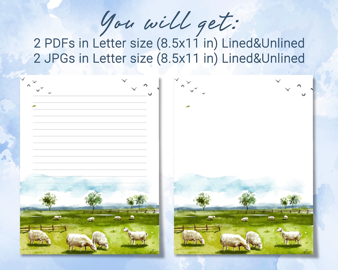 Printable Stationery Lined Paper With Watercolor Sheep Farm in Savannah ...