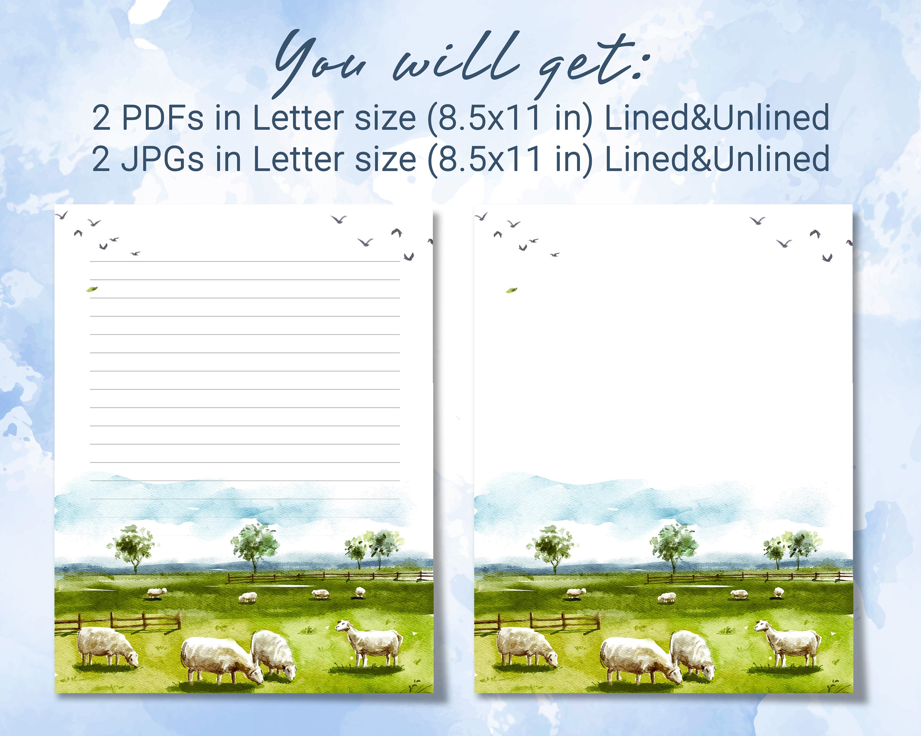 Printable Stationery Lined Paper With Watercolor Sheep Farm in Savannah ...