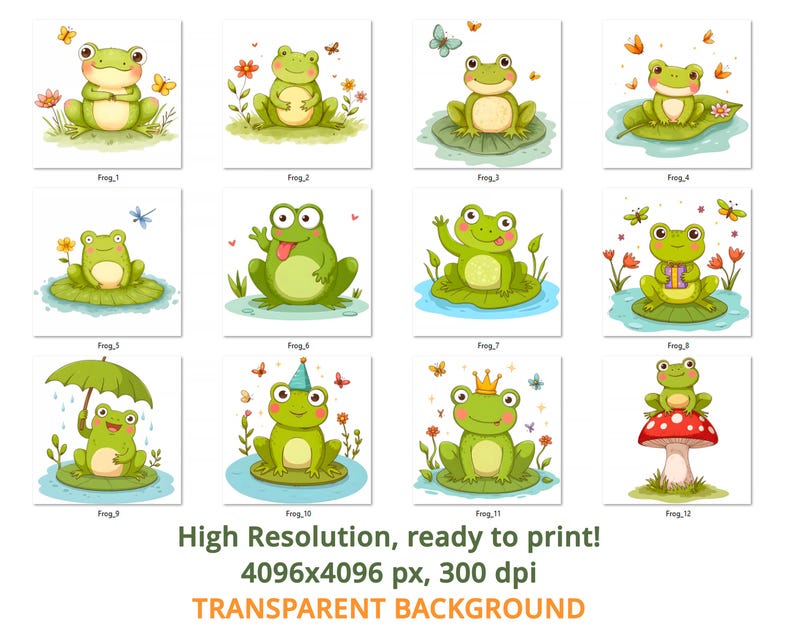 Cute Frog Clipart Bundle 20 PNG, Funny Kawaii Frogs With Flowers ...