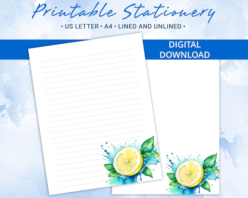 Printable Stationery Lined Paper, Letter Writing Paper With Juicy Lemon ...