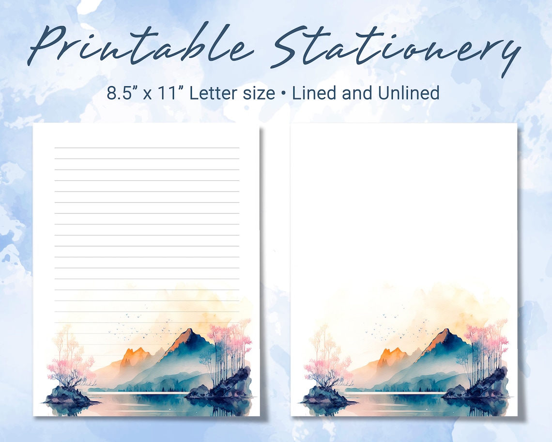 Printable Stationery Lined Paper With a Beautiful Watercolor Mountain ...