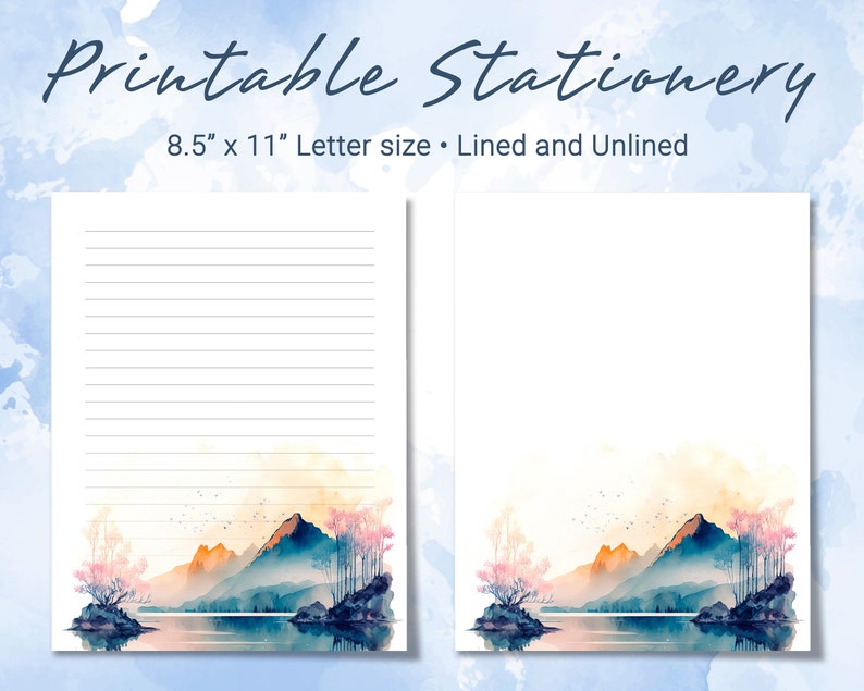 Printable Stationery Lined Paper With a Beautiful Watercolor Mountain ...