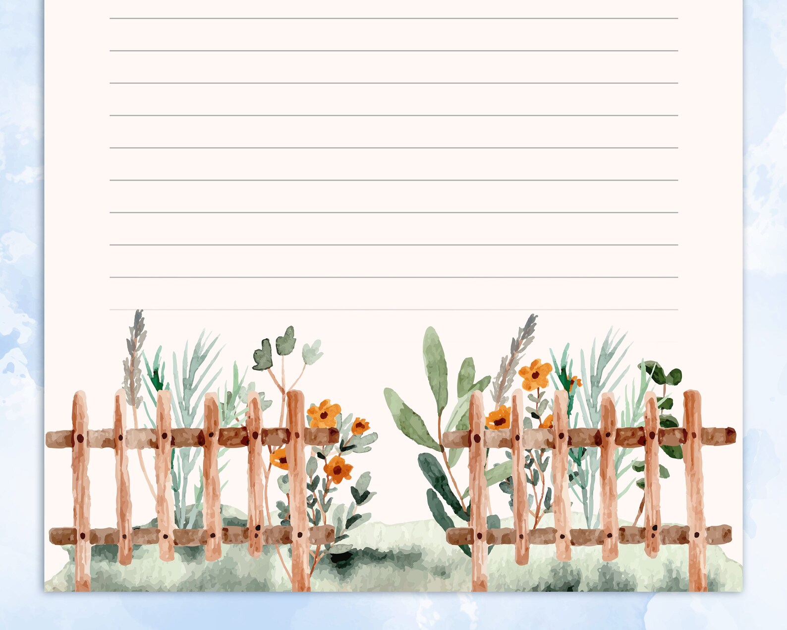 Printable Stationary Paper, Garden Fence Watercolor Printable Writing ...