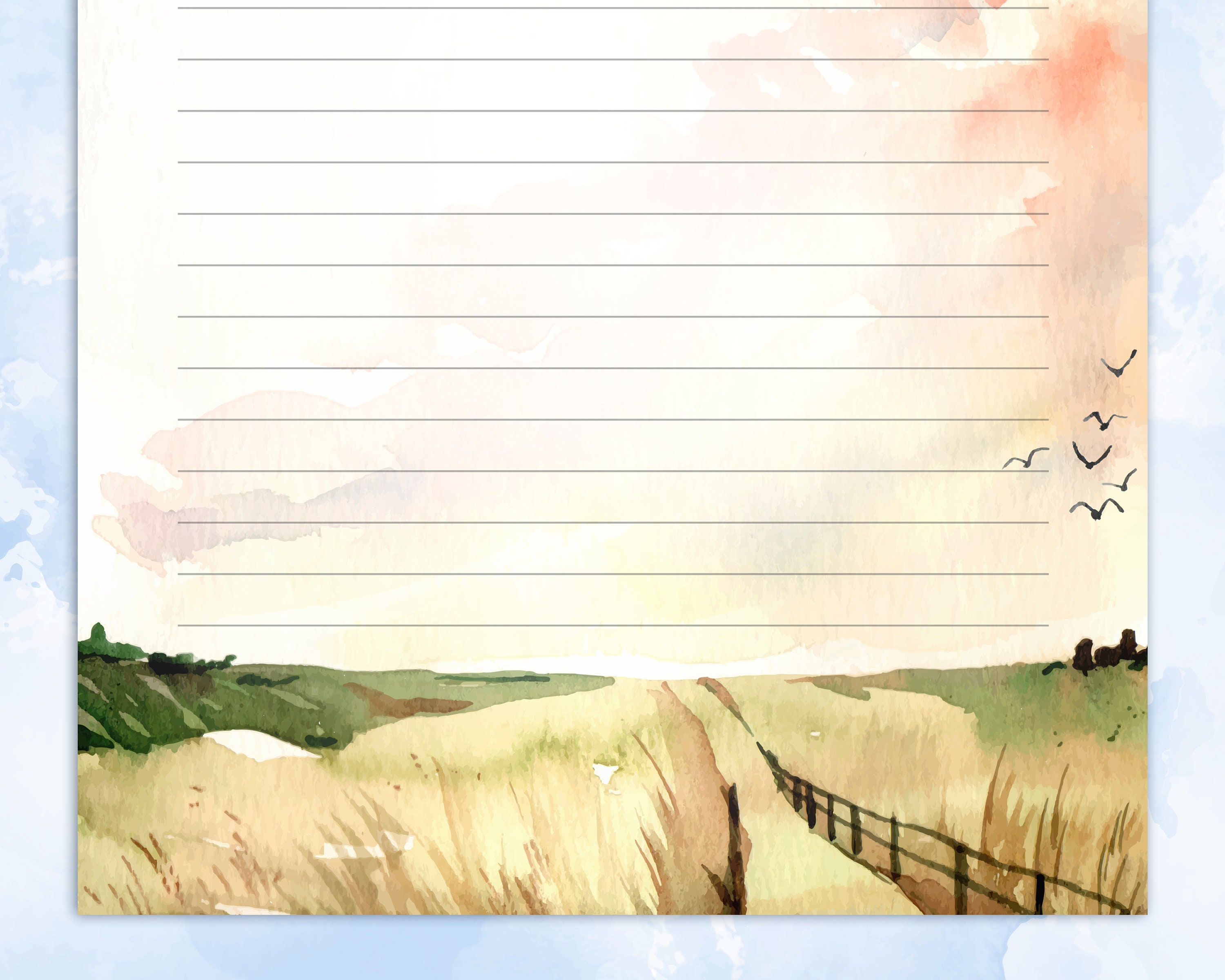 Printable Stationery Paper With Watercolor Landscape of Grass Field ...