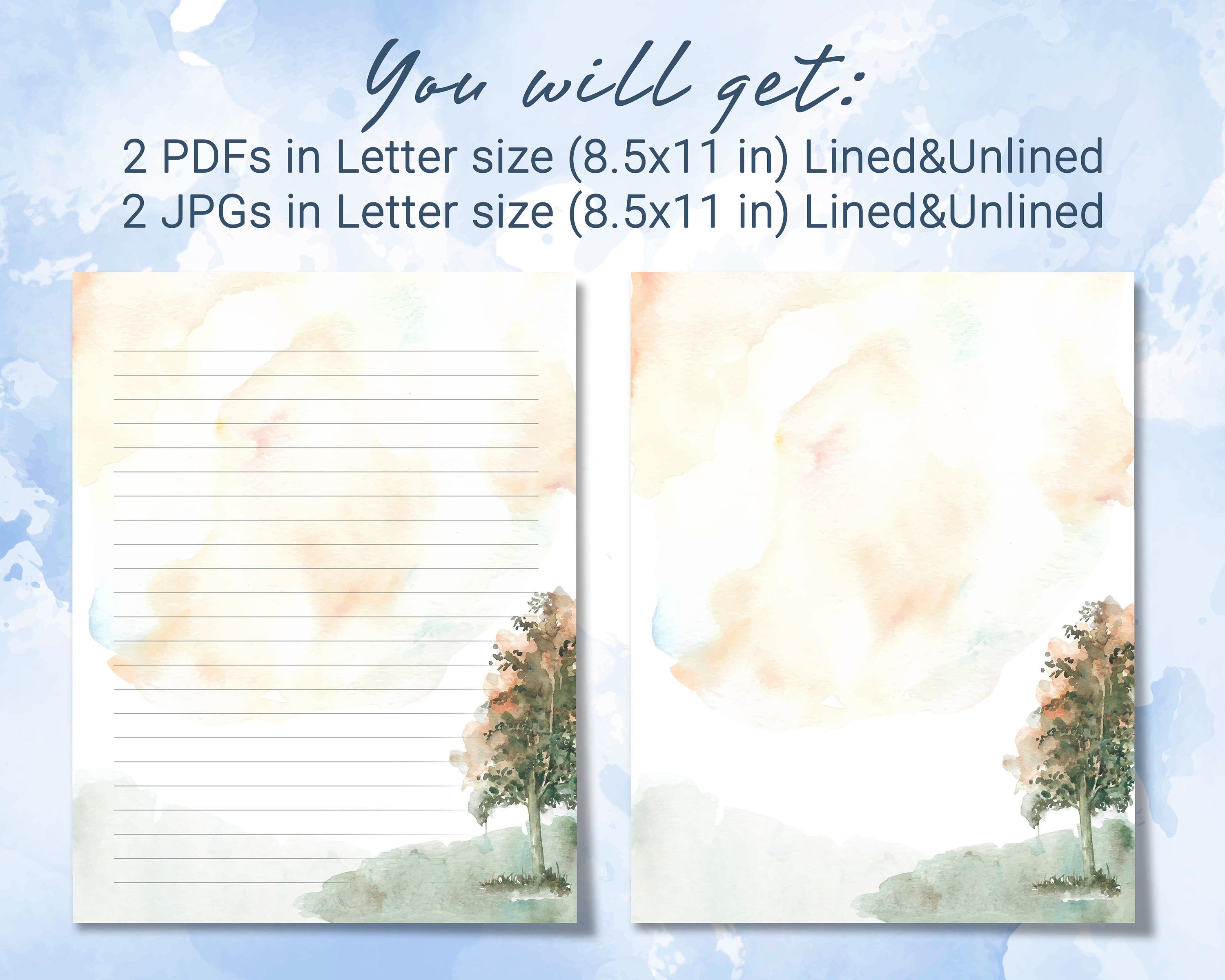 Printable Stationary, Tree Landscape Watercolor Printable Writing Paper ...