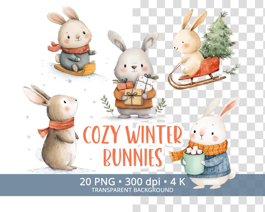 Cozy Winter Bunnies Clipart, Christmas Rabbit PNG Set, Watercolor ...