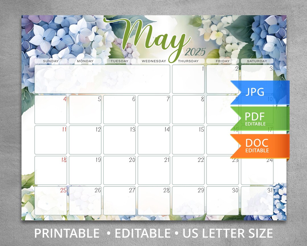 Editable May 2025 Calendar, Floral Printable Fillable Planner With ...