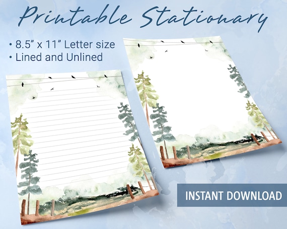 Printable Stationary Paper Green Forest Landscape Watercolor - Etsy