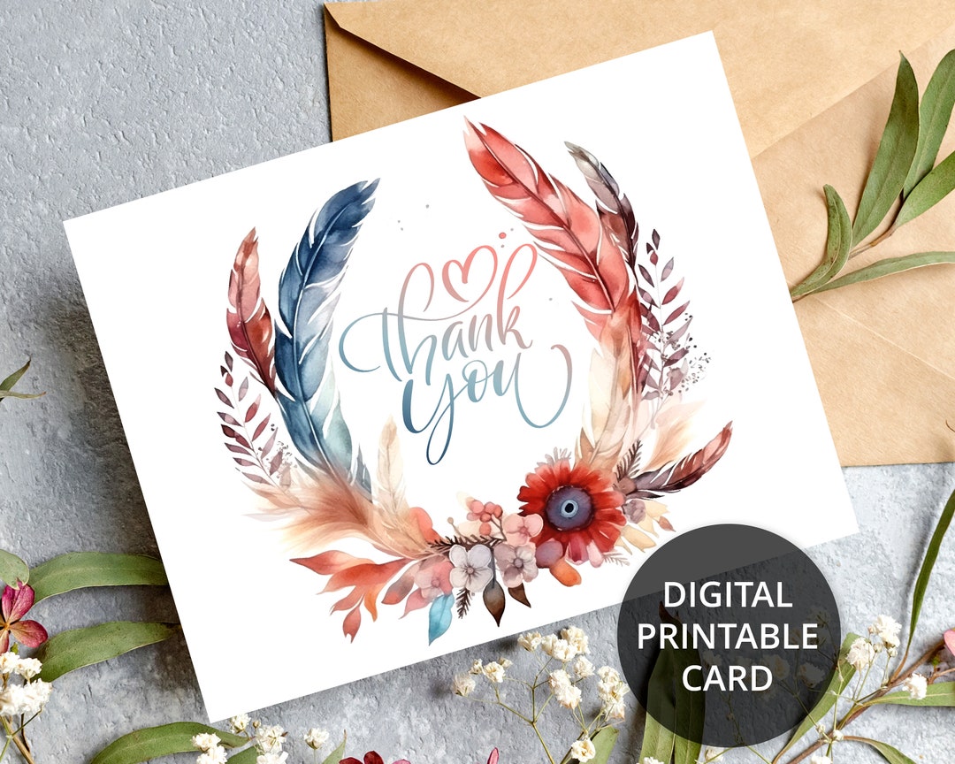Floral Thank You Card Printable With Retro Rustic Boho Feathers Frame ...