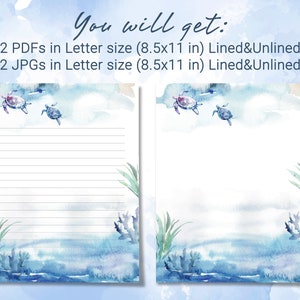 Printable Stationery Lined Paper With Sea-inspired and Two Turtles ...