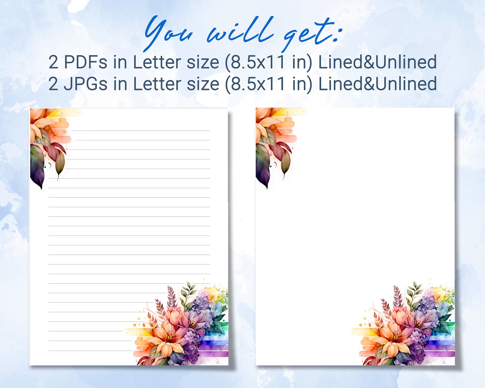 Printable Stationery Lined Paper With Colorful Flowers in Rainbow ...