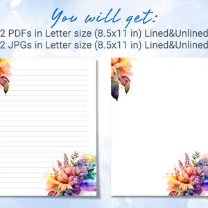 Printable Stationery Lined Paper With Colorful Flowers in Rainbow ...