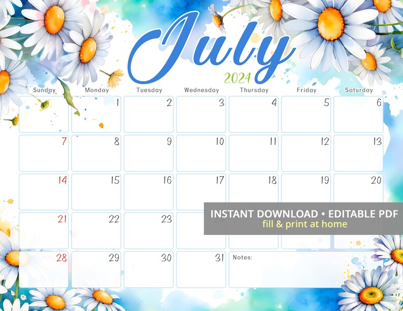 Editable July 2024 Calendar With Daisies, Watercolor Summer Wall ...