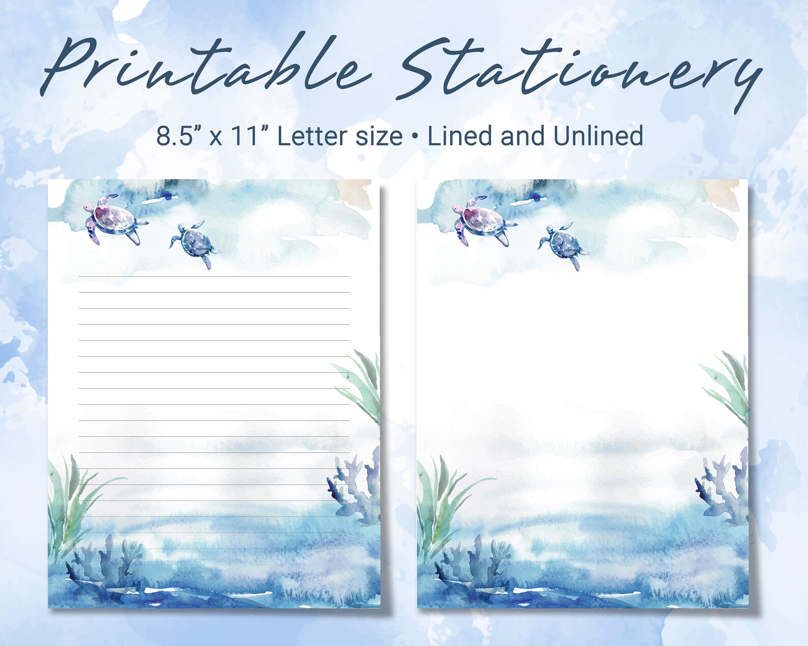 Sea Turtle Printable Stationery: Lined Writing Paper (digital Download ...