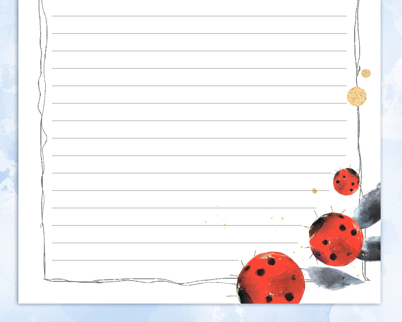 Printable Stationery Lined Paper With Ladybug and Leaves, Printable ...