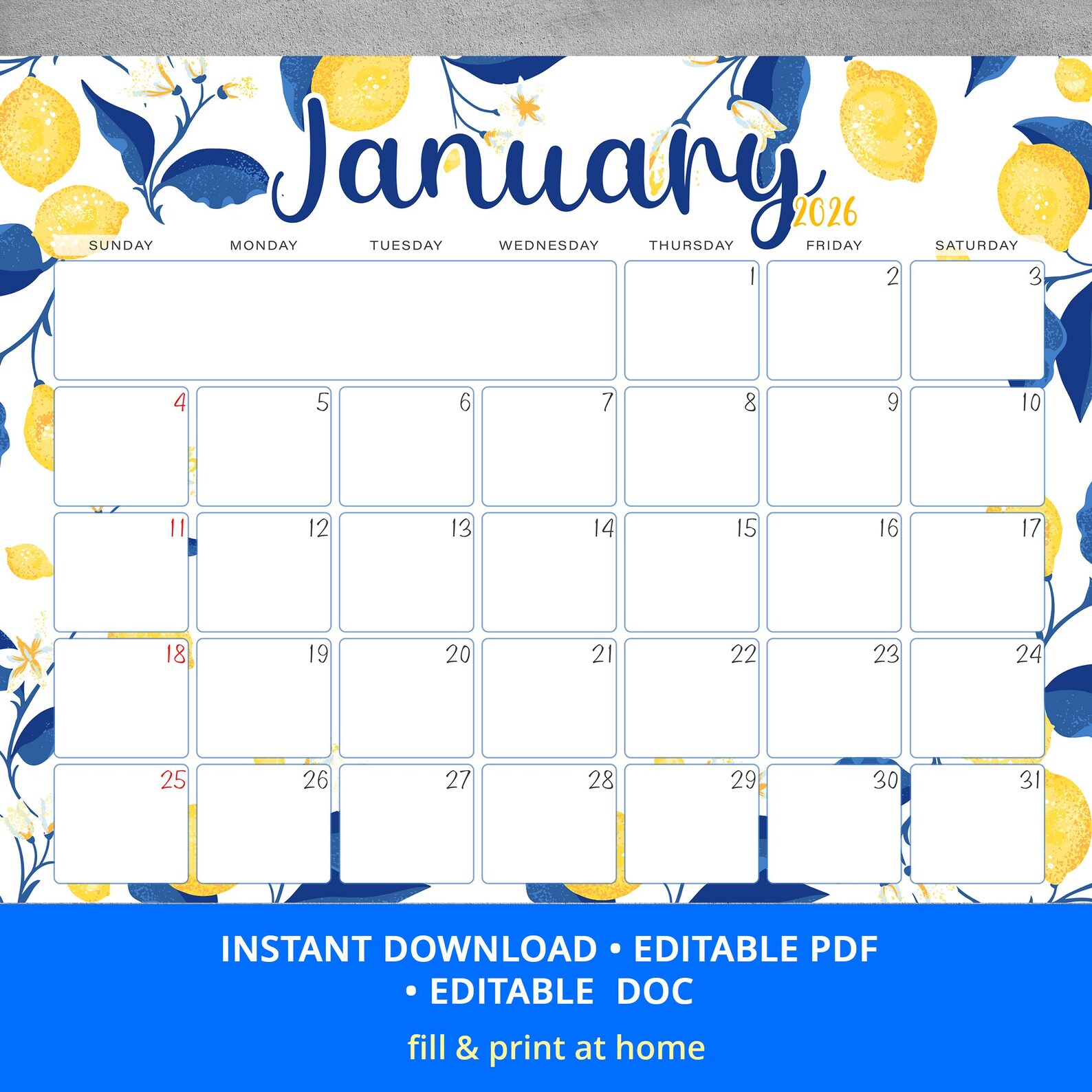 Editable January 2025 Calendar, Lemon Theme Printable Monthly Planner ...