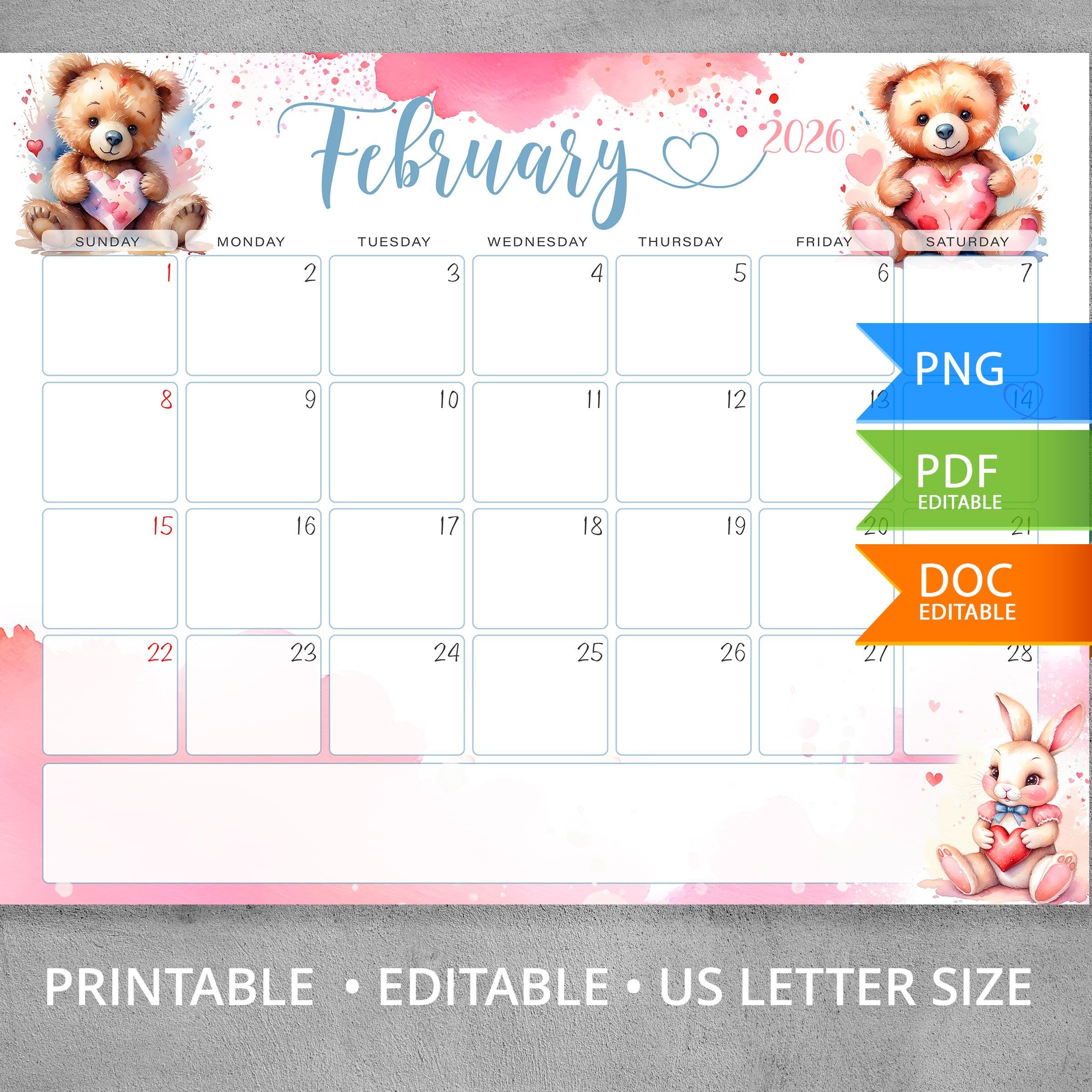 Editable February 2026 Calendar, Teddy Bear Printable Monthly Planner ...