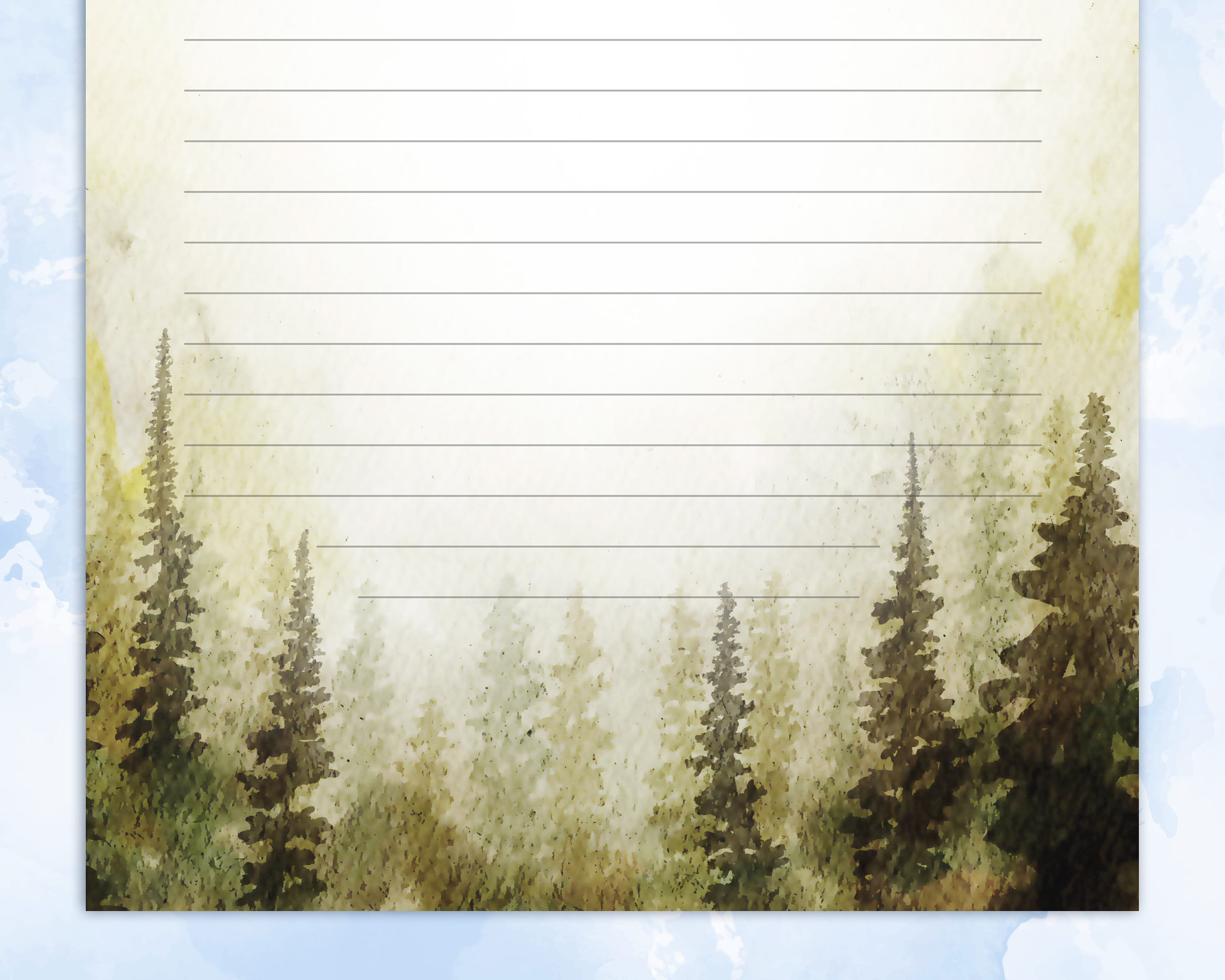 Printable Stationery Lined Paper With Beautiful Watercolor Misty Pine ...