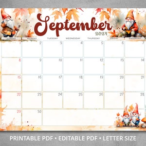 Editable September 2024 Calendar, Wall Calendar With Cute Fall Gnomes ...