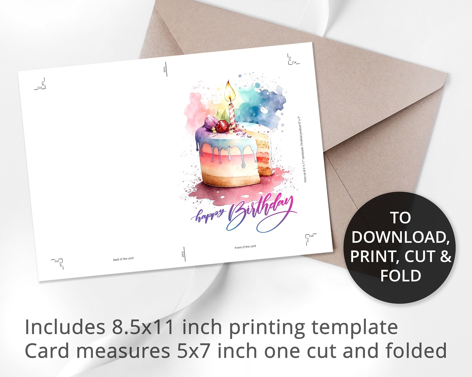 Printable Birthday Card, Digital Birthday Card With Birthday Cake, 5x7 ...