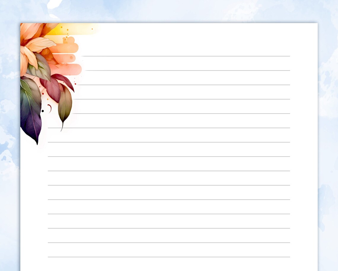 Printable Stationery Lined Paper With Colorful Flowers in Rainbow ...