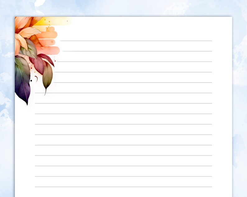 Printable Stationery Lined Paper With Colorful Flowers in Rainbow ...
