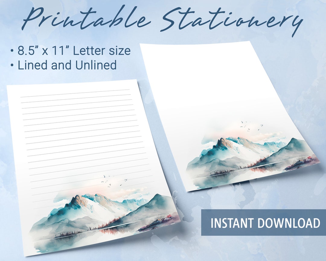 Printable Stationery Lined Paper With a Beautiful Watercolor Mountain ...
