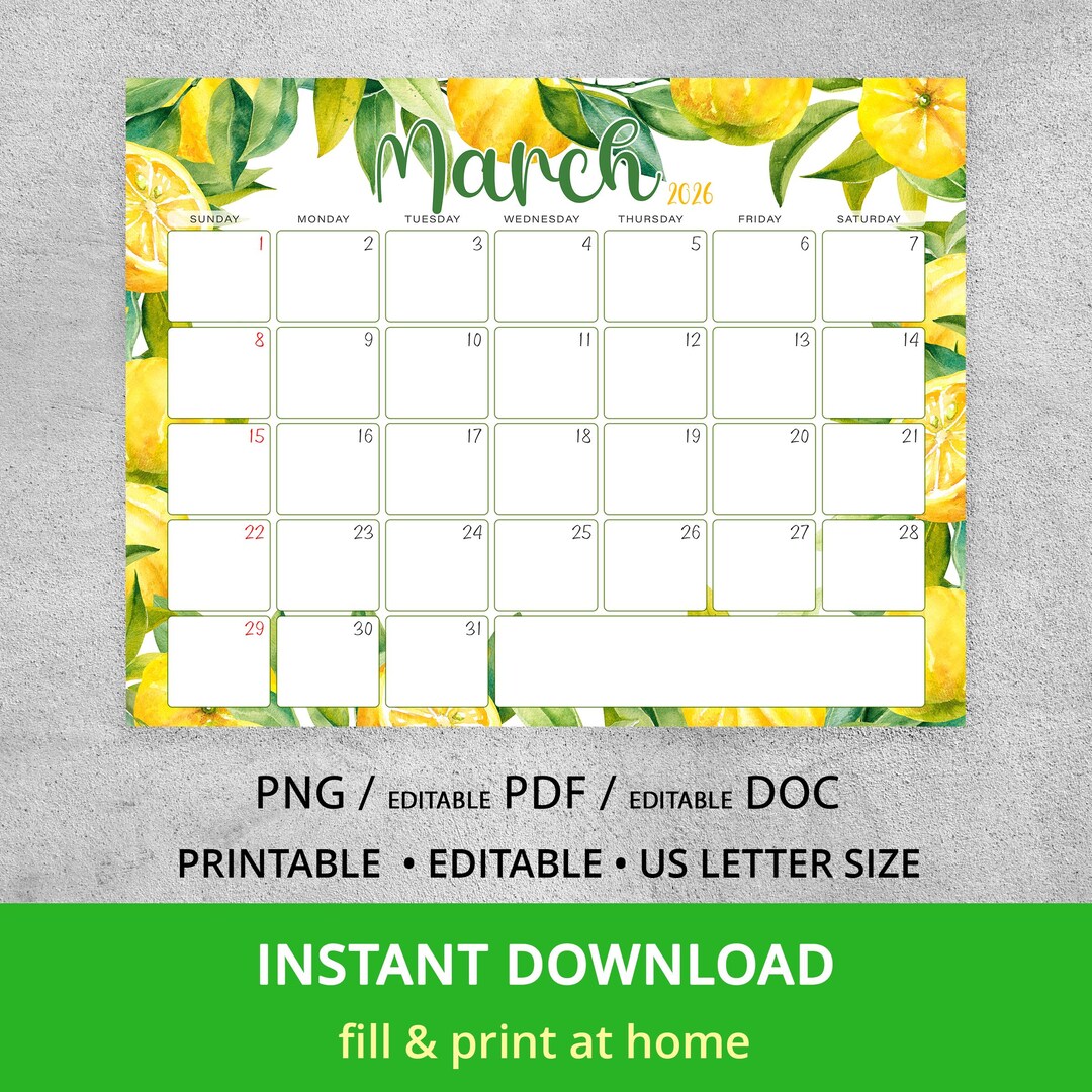 Editable March 2026 Lemon Calendar, Spring Citrus Monthly Printable ...
