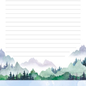 Printable Stationery Lined Paper With Watercolor Foggy Forest Mountains ...