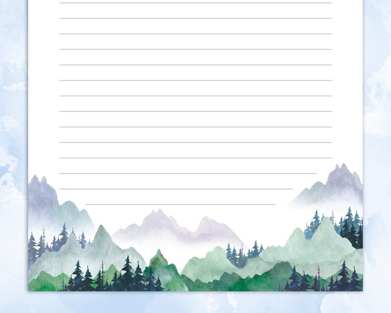 Printable Stationery Lined Paper With Watercolor Foggy Forest Mountains ...