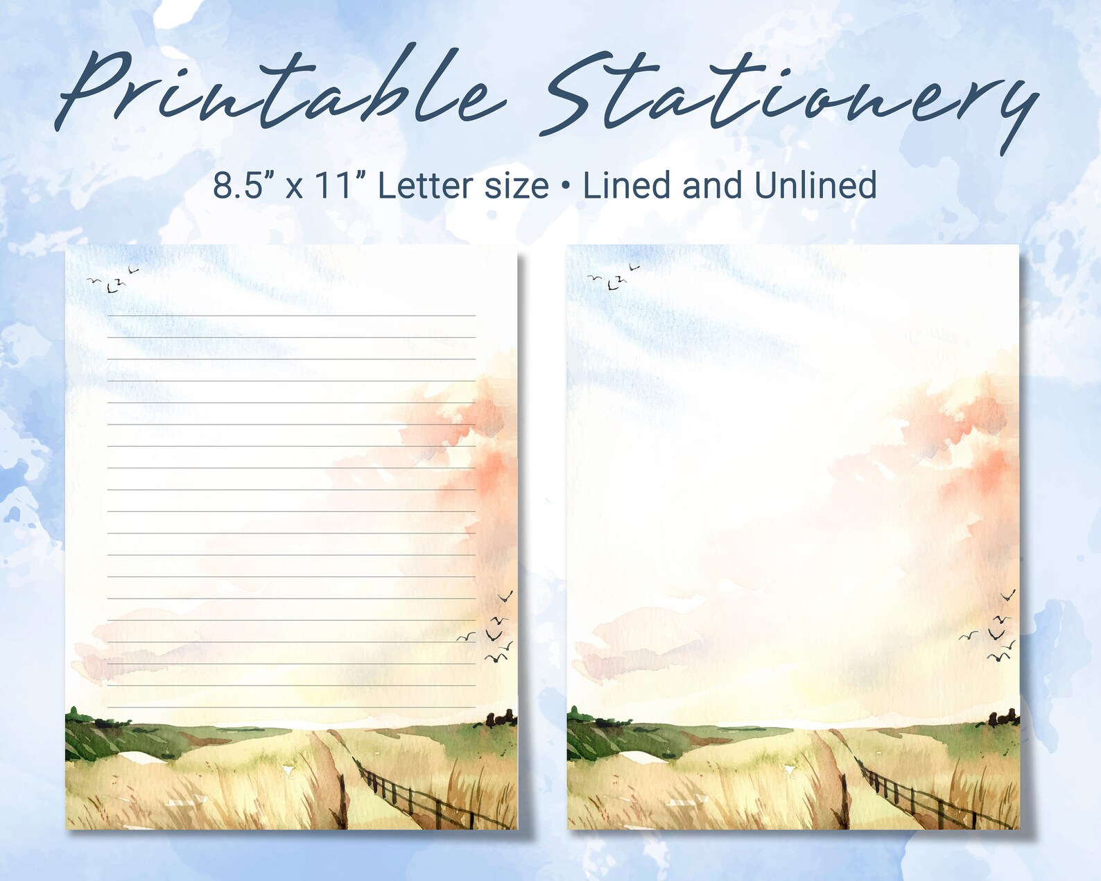 Printable Stationery Paper With Watercolor Landscape of Grass Field ...