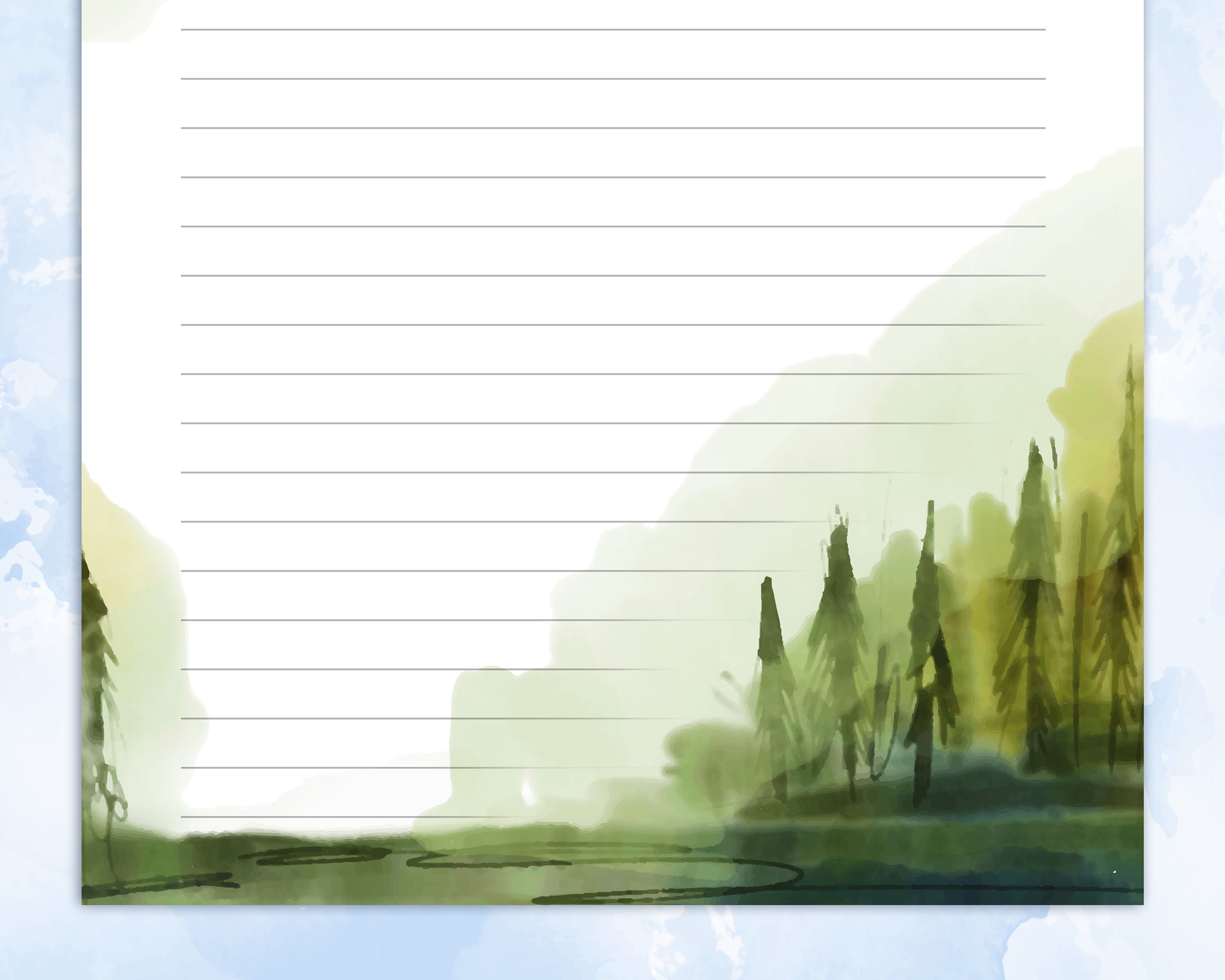Printable Stationery Lined Paper With Mountain View Watercolor ...
