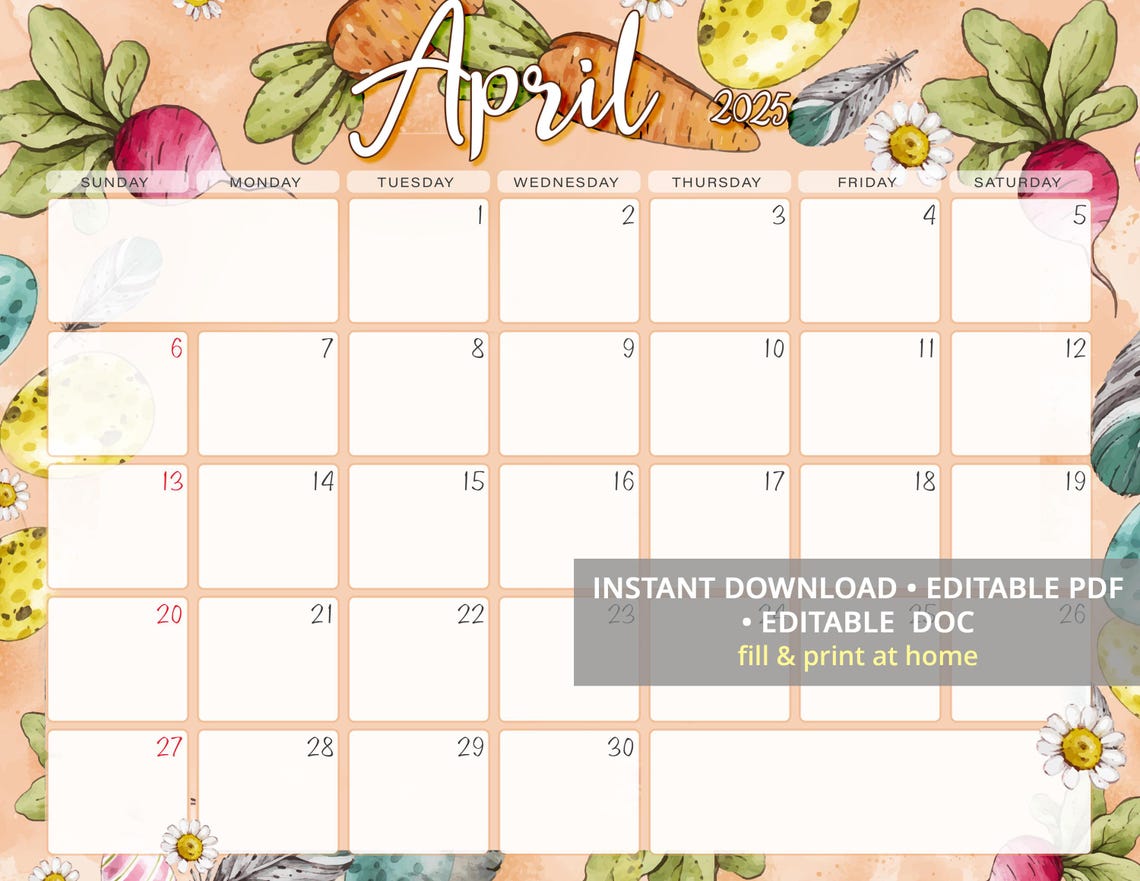 Editable April 2025 Calendar With an Easter Background, Happy Easter ...