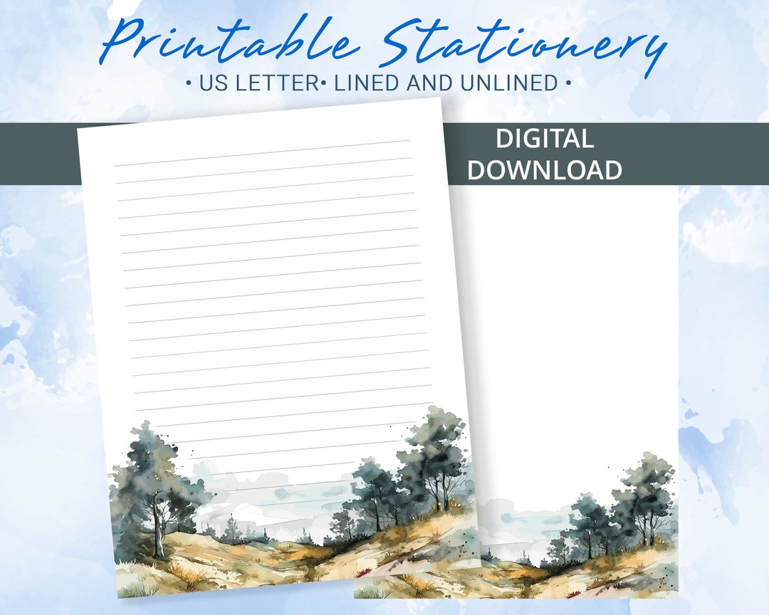 Printable Stationery Lined Paper With Hills in the Fog Mountains and ...