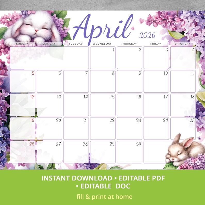 Editable April 2026 Printable Calendar, Cute Bunny Floral Monthly ...