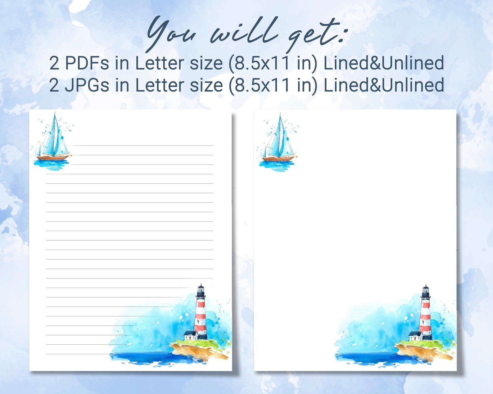 Printable Stationary, Watercolor Lighthouse at the Seaside Printable ...