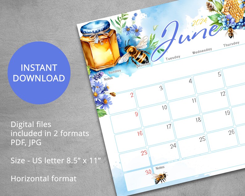 Editable June 2024 Calendar With Bees, Honey Pot and Flowers, Wall ...