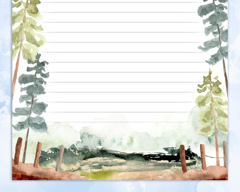 Printable Stationary Paper Green Forest Landscape Watercolor - Etsy