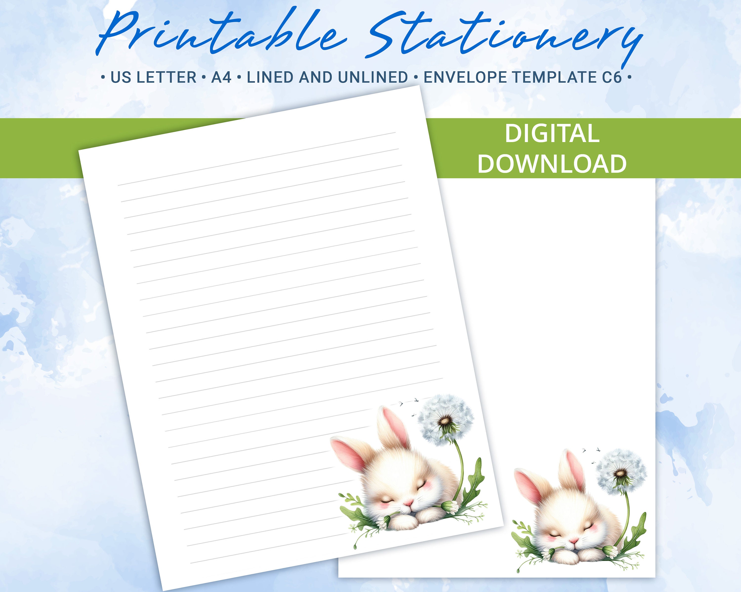 Printable Stationery Lined Paper, Letter Writing Paper With Cute Rabbit ...