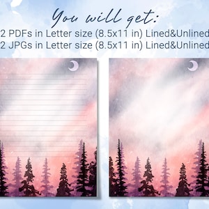 Printable Stationery Lined Paper With Watercolor Snowy Hills and Pine ...