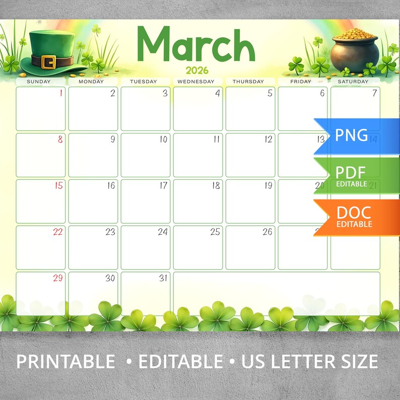 Editable March 2026 Calendar, St Patrick’s Day Shamrock Monthly Planner ...