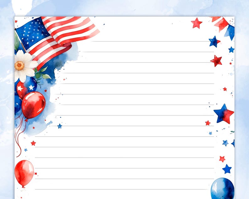 Patriotic Printable Stationery Lined Paper, 4th of July Writing Paper ...