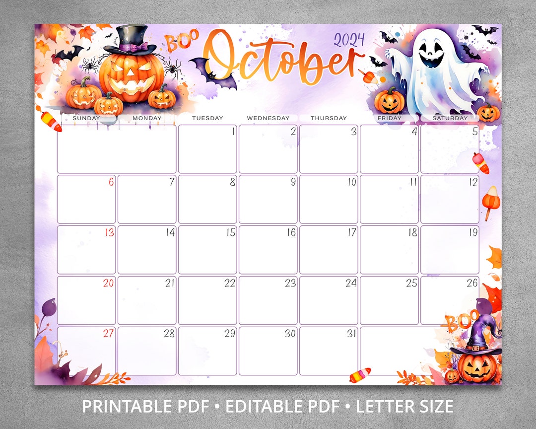 Editable October 2024 Calendar, Cute Halloween Wall Calendar With ...