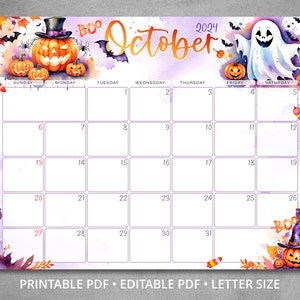 Editable October 2024 Calendar, Cute Halloween Wall Calendar With ...