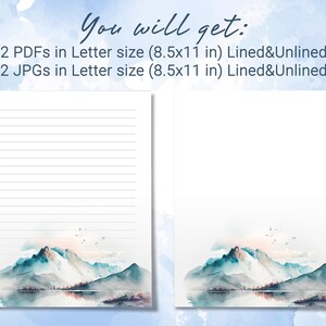Printable Stationery Lined Paper With a Beautiful Watercolor Mountain ...